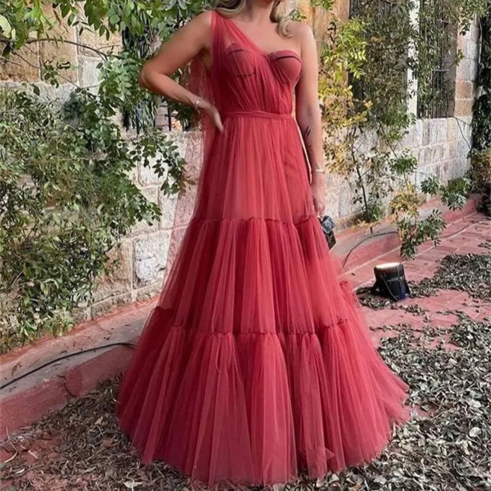 Modern Red Long Simple A Line Prom Dresses One Shoudl… - Gem